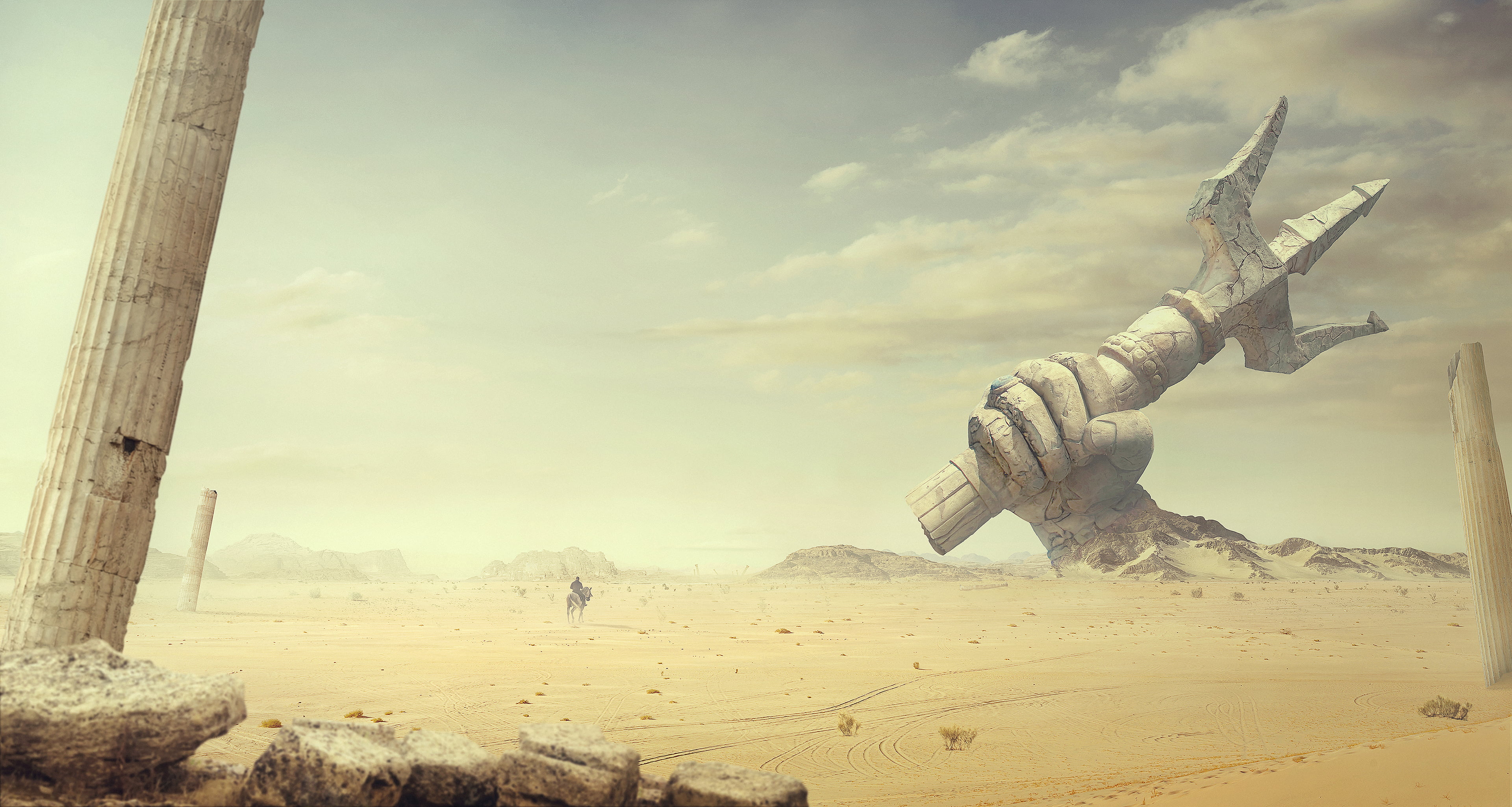 Concrete Hand Holding Trident Movie Scene Hd Wallpaper - Desert Cgi ...