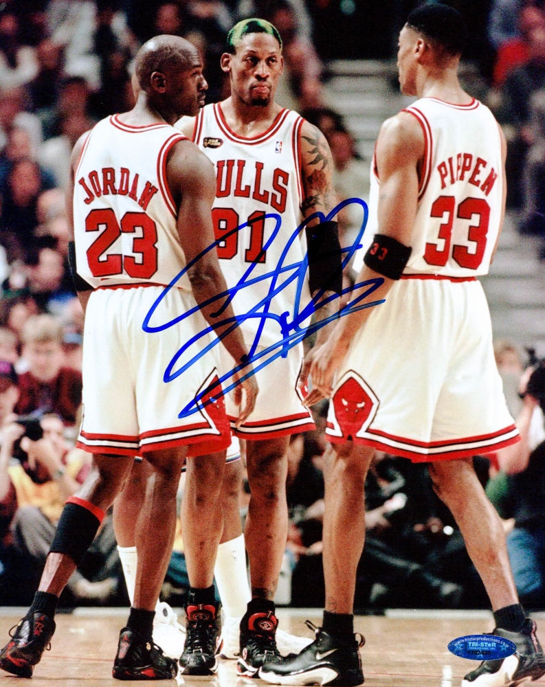Dennis Rodman Signed Bulls Photo With Michael Jordan - Scottie Pippen ...