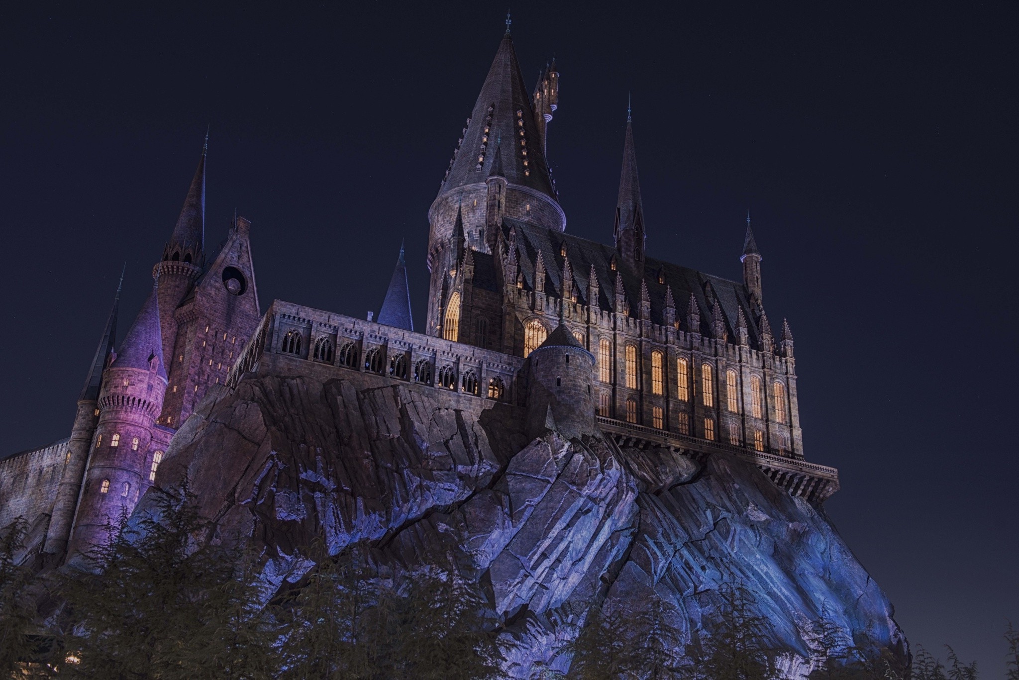 Landscape, Castle, Hogwarts, Night, Lights, Trees, - Hogwarts Landscape ...