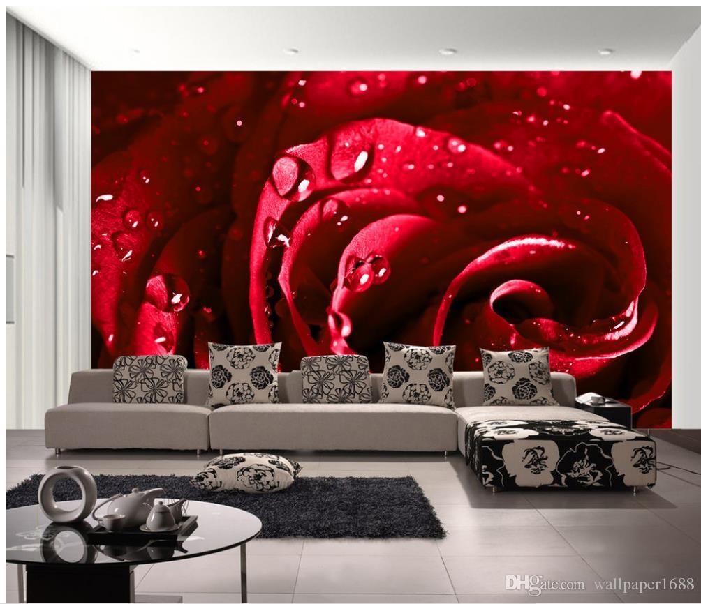 Custom Photo Wallpaper Beautiful Bright Red Water Rose - Mural ...