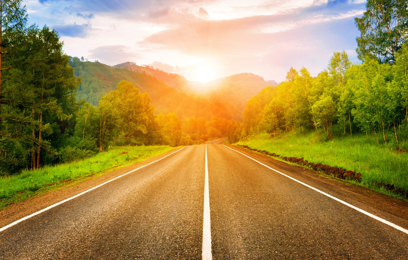 Photo Wallpaper Road, The Sun, Dawn, Road, Sun, Sunrise, - Road With ...