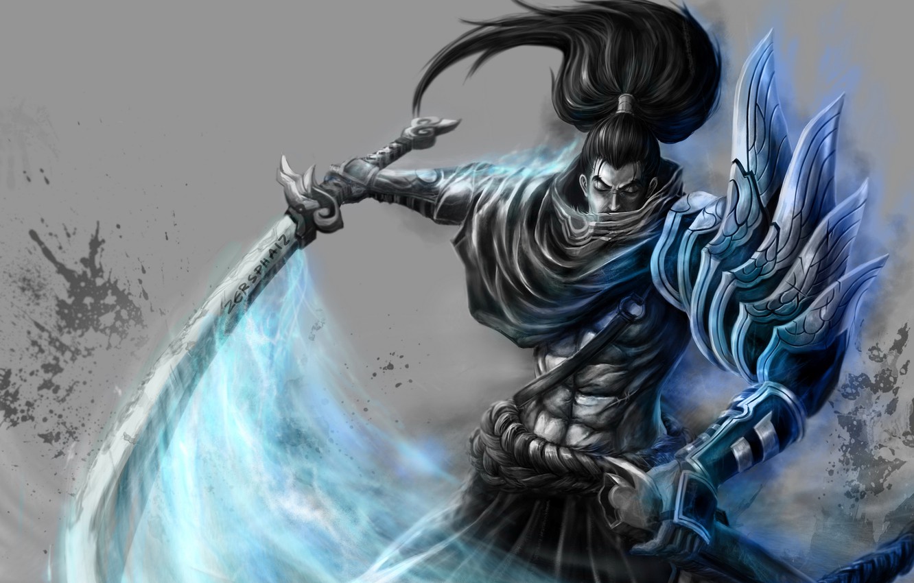 Photo Wallpaper Sword, Art, Samurai, Tail, Male, League - Yasuo Wind ...