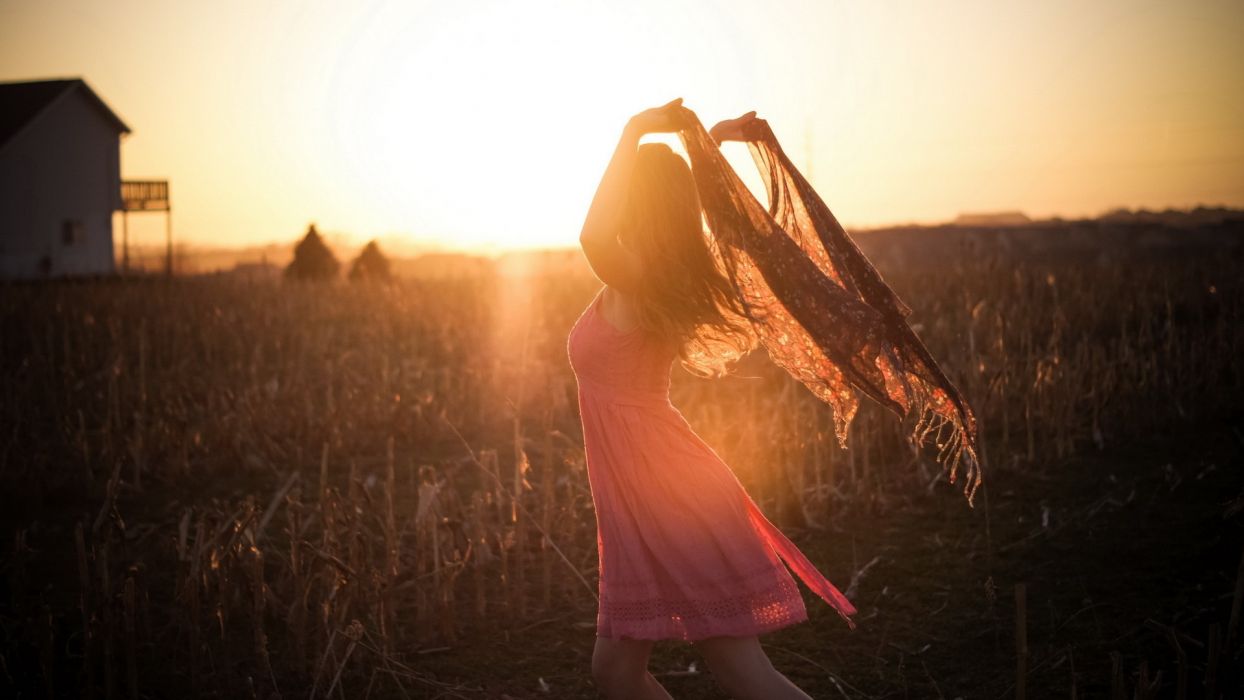 Women Females Girls Landscapes Grass Sunset Sunrise - Girl Sunset ...