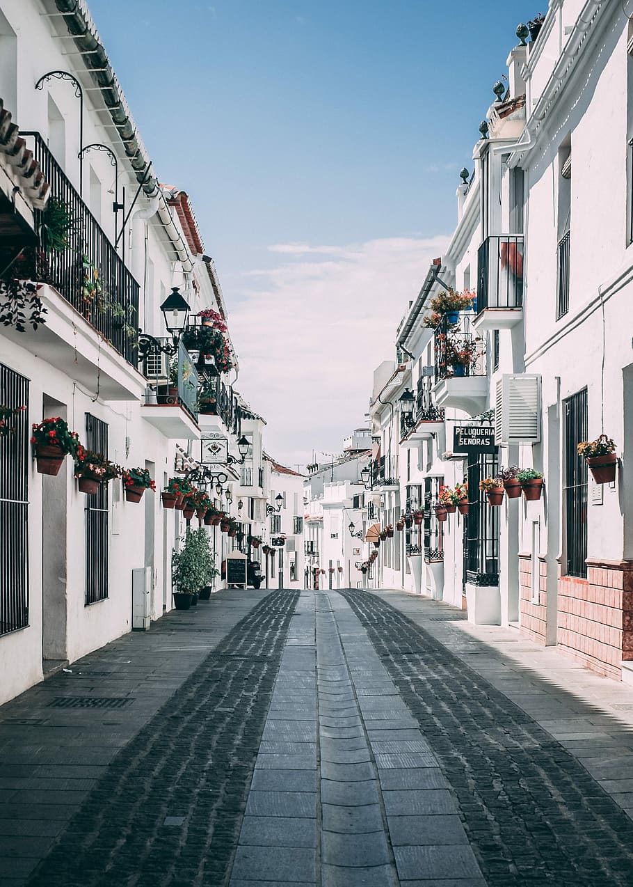 White Concrete Buildings, Pathway Between Houses, Street, - Spain ...