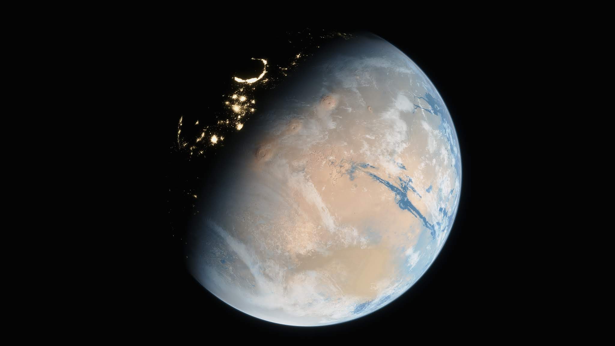 Globe Of Terraformed Mars With City Lights On The Night - Mars City ...