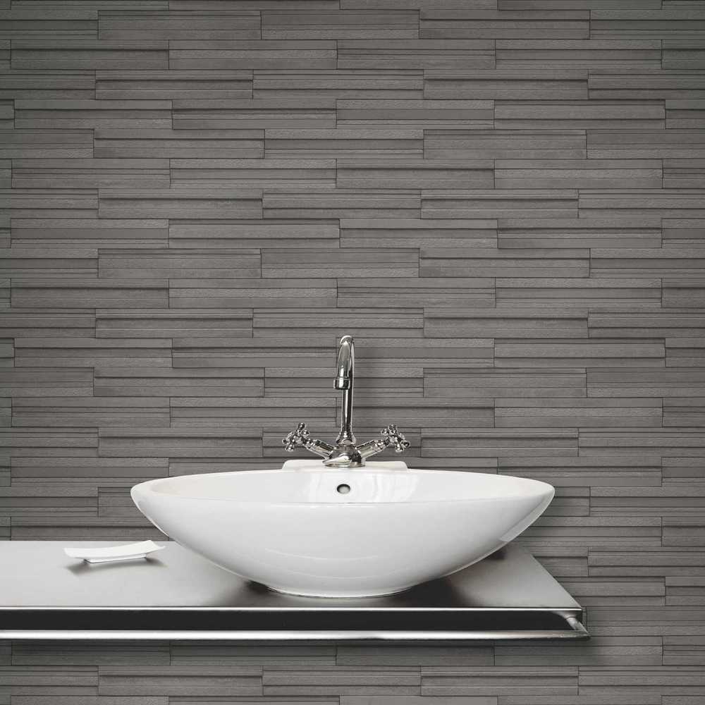 Dark Grey Overlay Slate Brick Tile Effect Vinyl Wallpaper - Eling ...