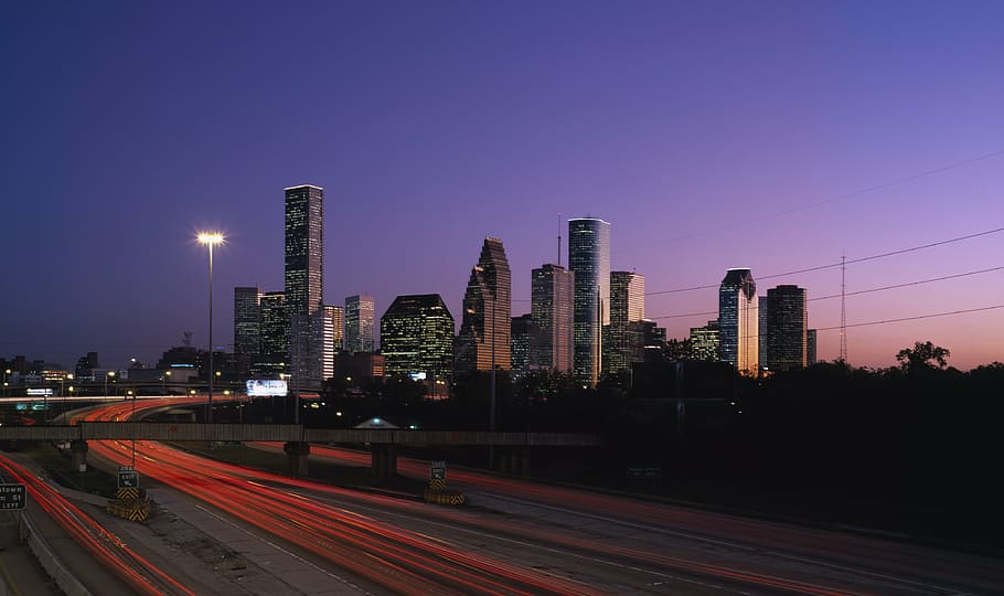 Spalt Road Near High-rise Building Under Blue Sky, - Houston Sky At ...