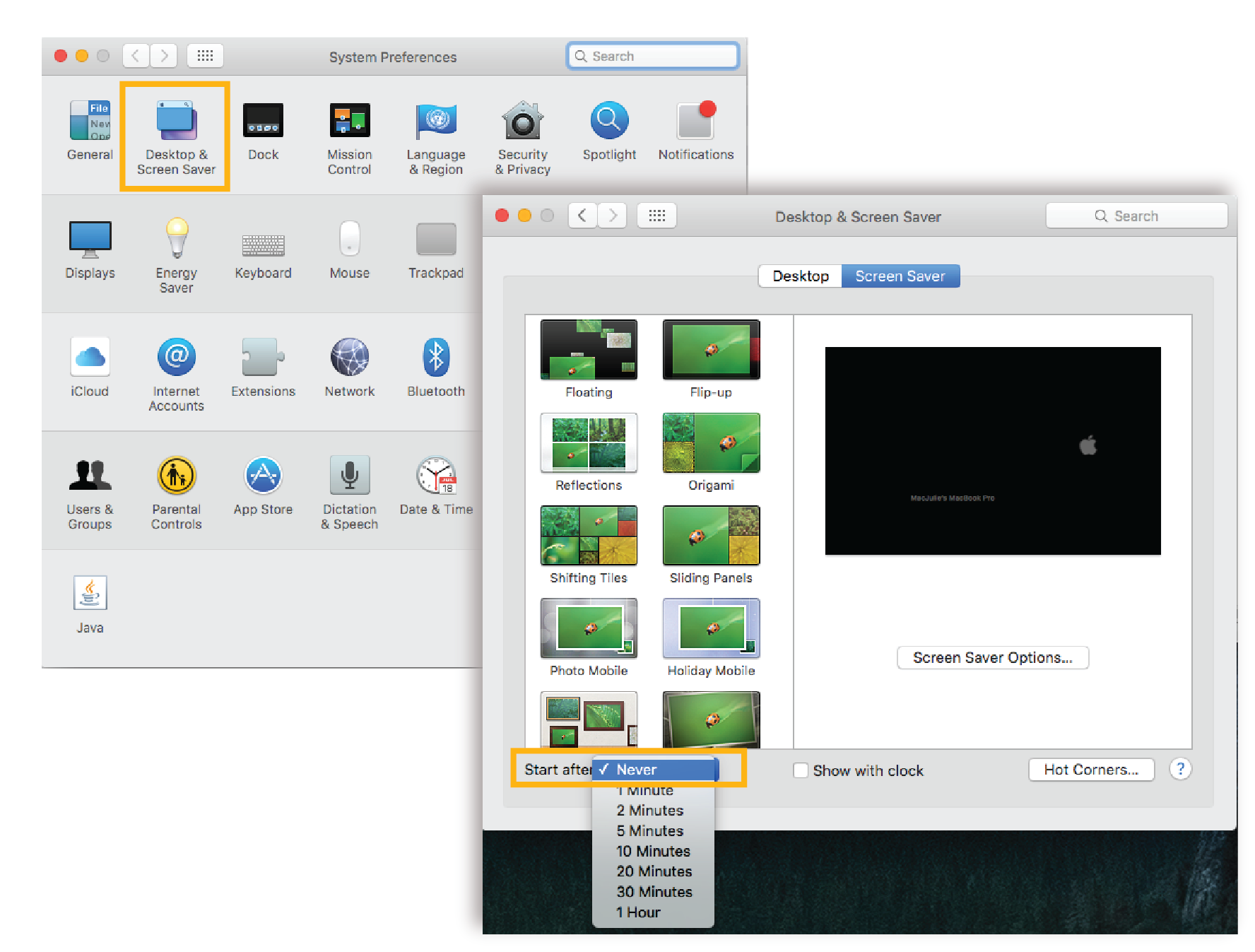 Click The Tab Screen Saver And Select Start After - Fx8300 Hackintosh ...